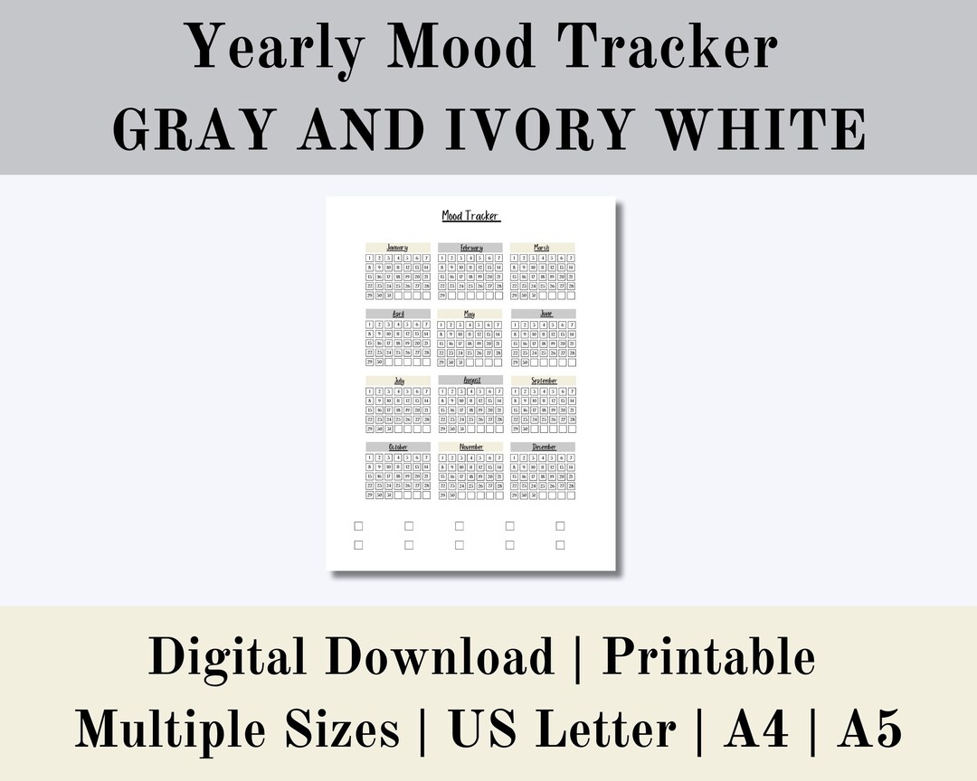 Yearly Mood Tracker Gray Ivory White Printable, Mood Worksheet Journal ...