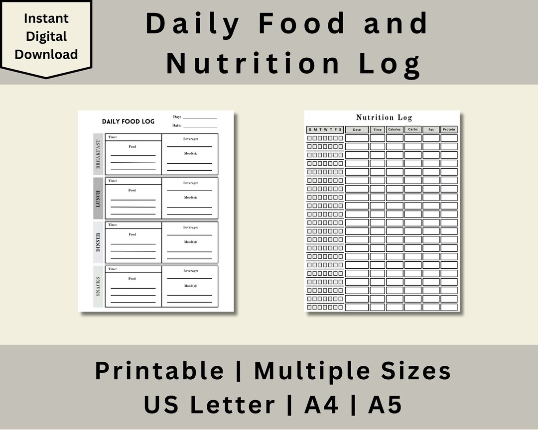 Printable Daily Food and Nutrition Log, Nutrition Log, Daily Food Log ...