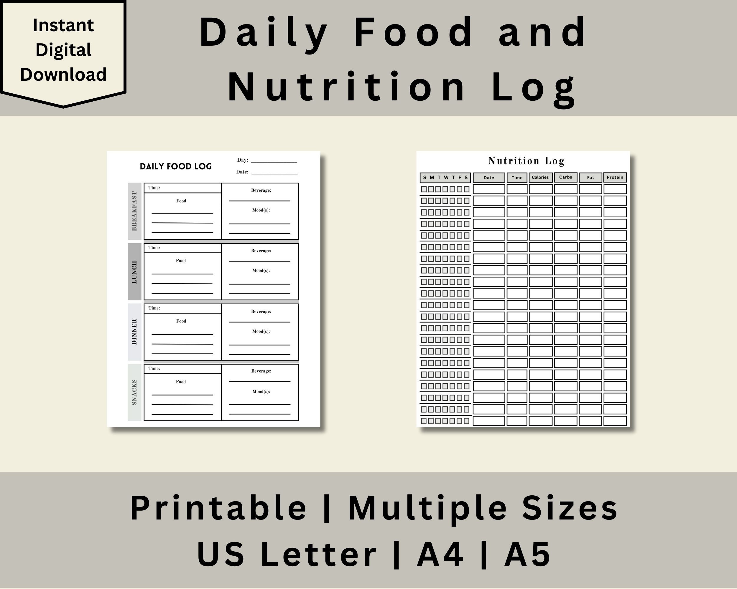 Printable Daily Food and Nutrition Log, Nutrition Log, Daily Food Log ...