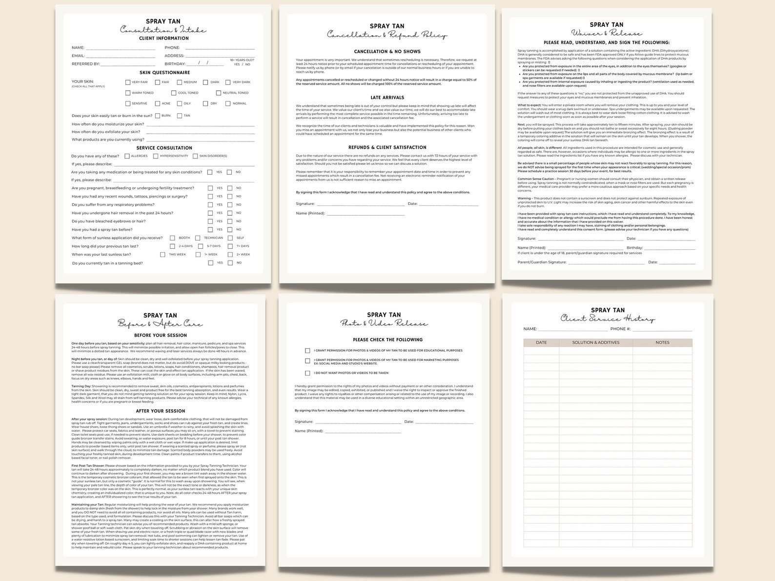 Forms for Spray Tanning Business Bundle - Editable Forms - Canva ...