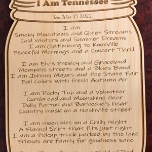 Tennessee Poem Rustic Wooden Mason Jar Sign 12" by 8 by 3/4" Laser Cut ...