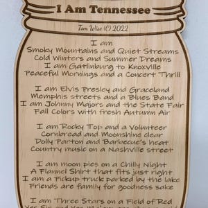 Tennessee Poem Rustic Wooden Mason Jar Sign 12" by 8 by 3/4" Laser Cut ...