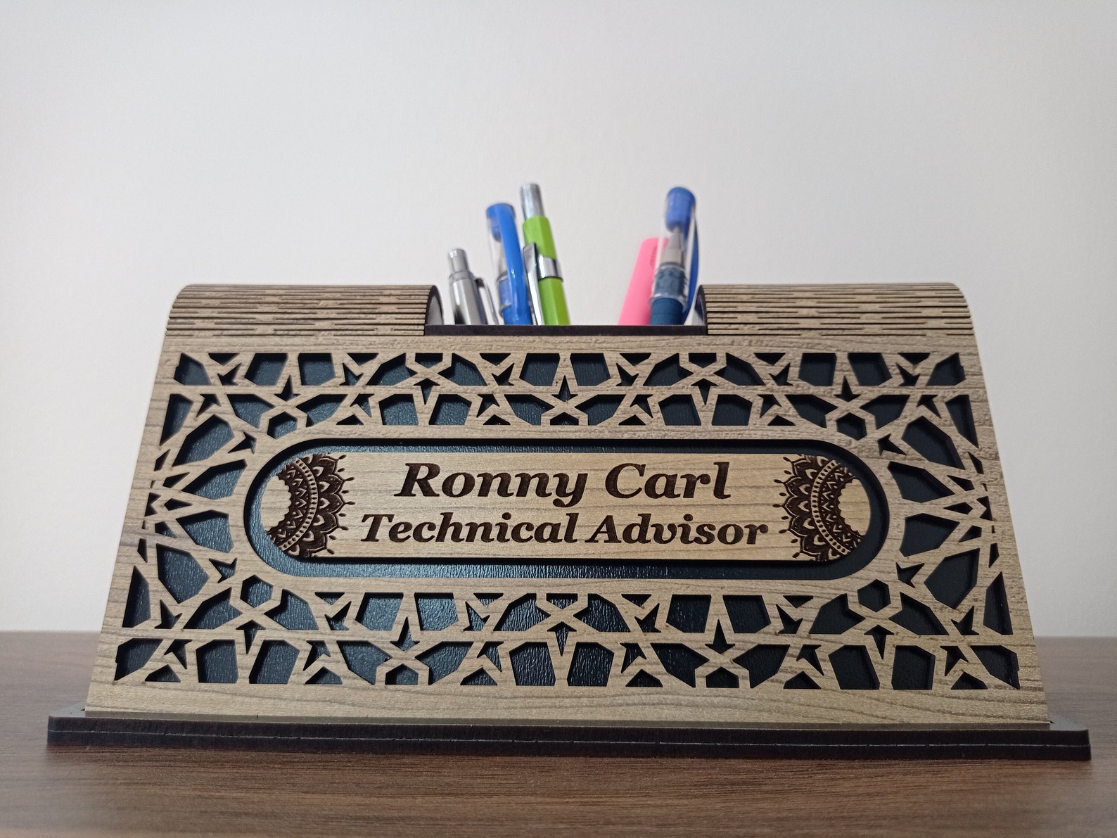 Personalized Wooden Desk Name Plate & Desktop Organizer, Desk Name ...