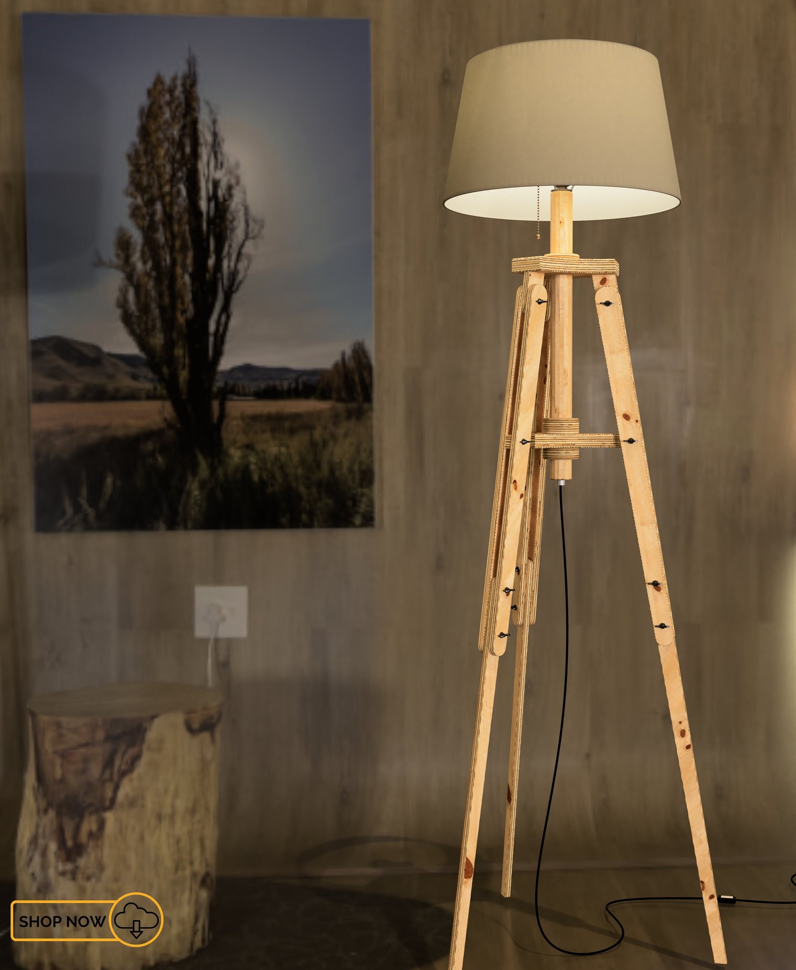 Adjustable Retro Wooden Tripod Telescopic Lift Floor Lamp, Bedside ...