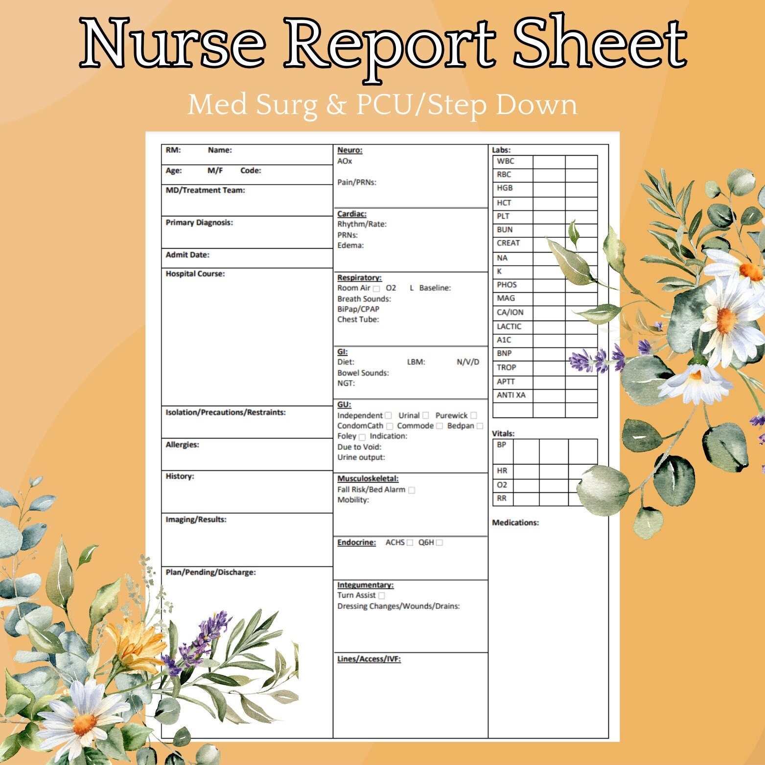 RN Nurse Report Sheet Template Digital Download - Etsy