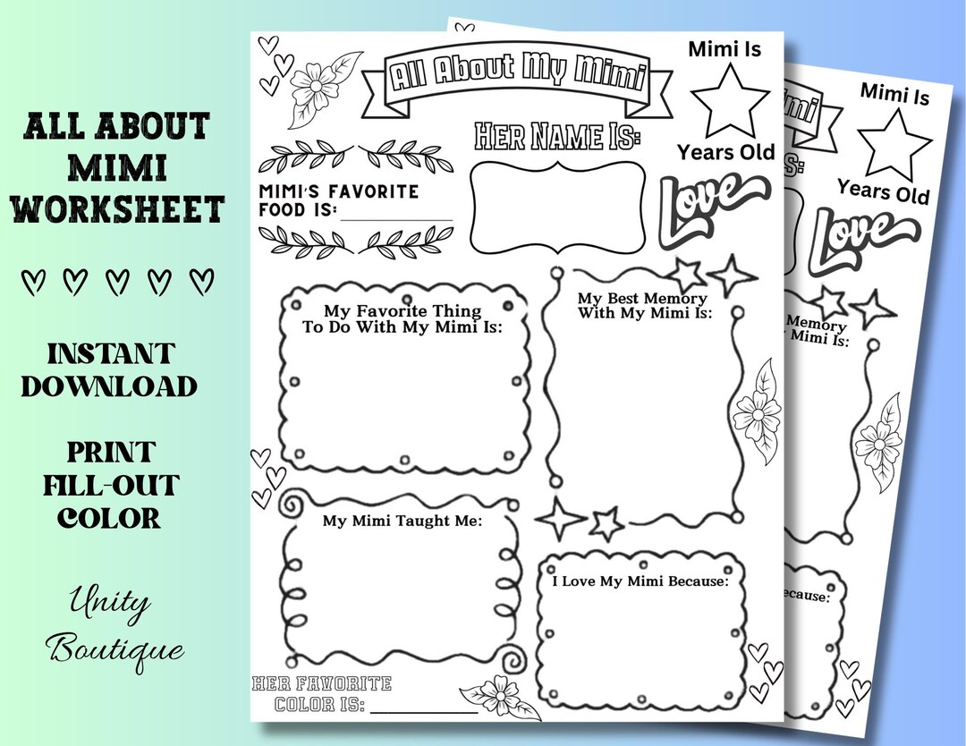 All About My Mimi Instant Download Worksheet, All About Mimi Printable ...
