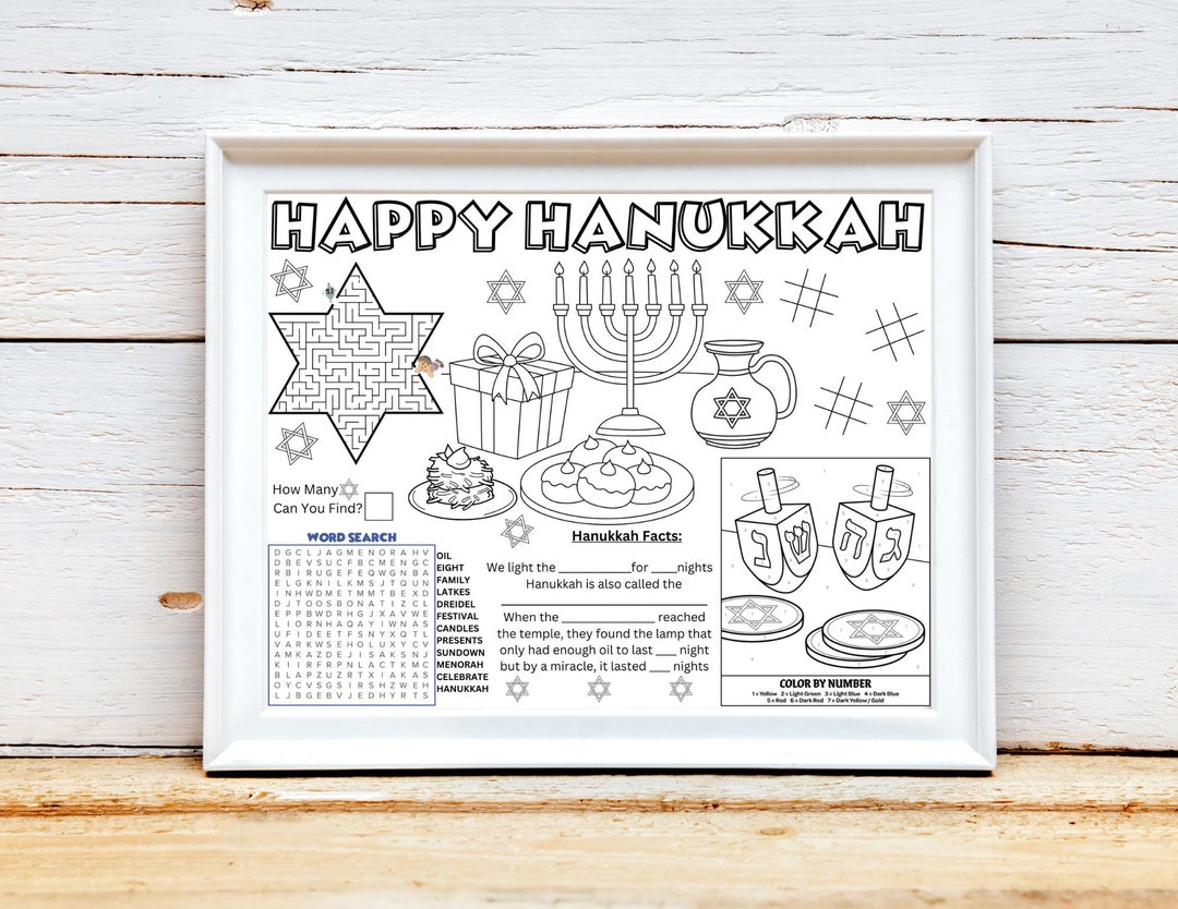 Hanukkah Coloring Placemat DIGITAL, Printable Hanukkah Party Activity ...