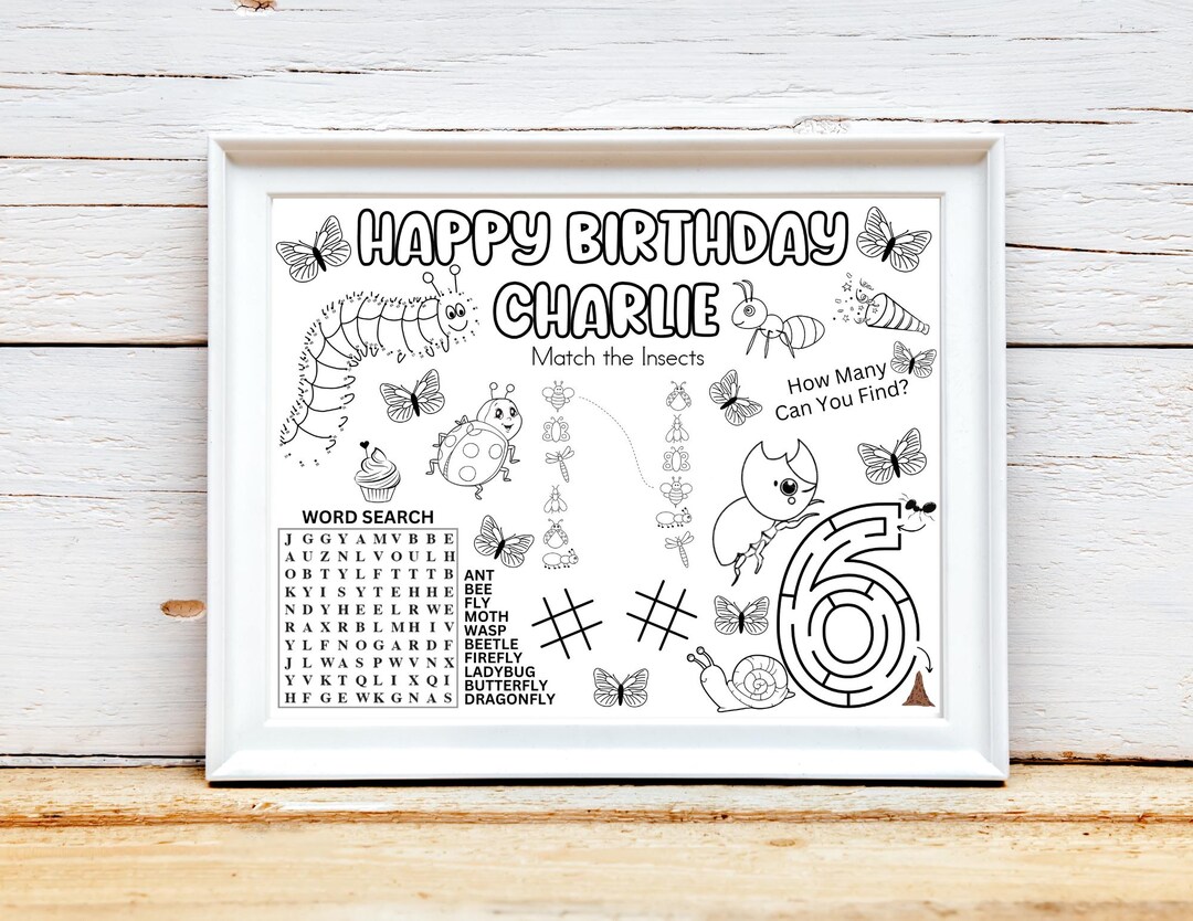 Personalized Insect Birthday Activity Placemat, Bug Birthday Coloring ...