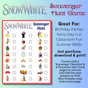 Printable Princess Scavenger Hunt, Snow Princess Dwarf Scavenger Hunt ...