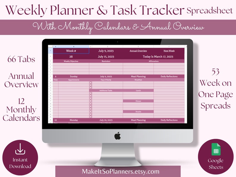 Digital Weekly Planner Spreadsheet Daily to Do List INSTANT DOWNLOAD ...