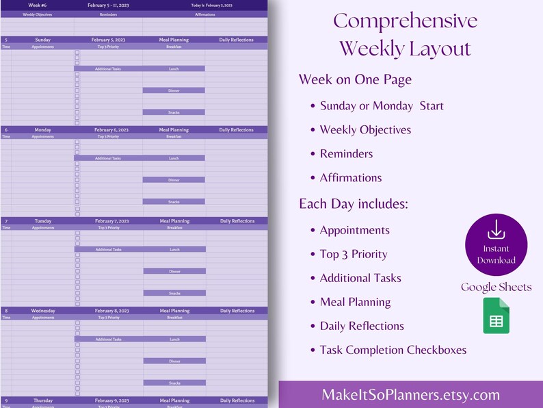 Digital Weekly Planner Spreadsheet Daily to Do List INSTANT DOWNLOAD ...