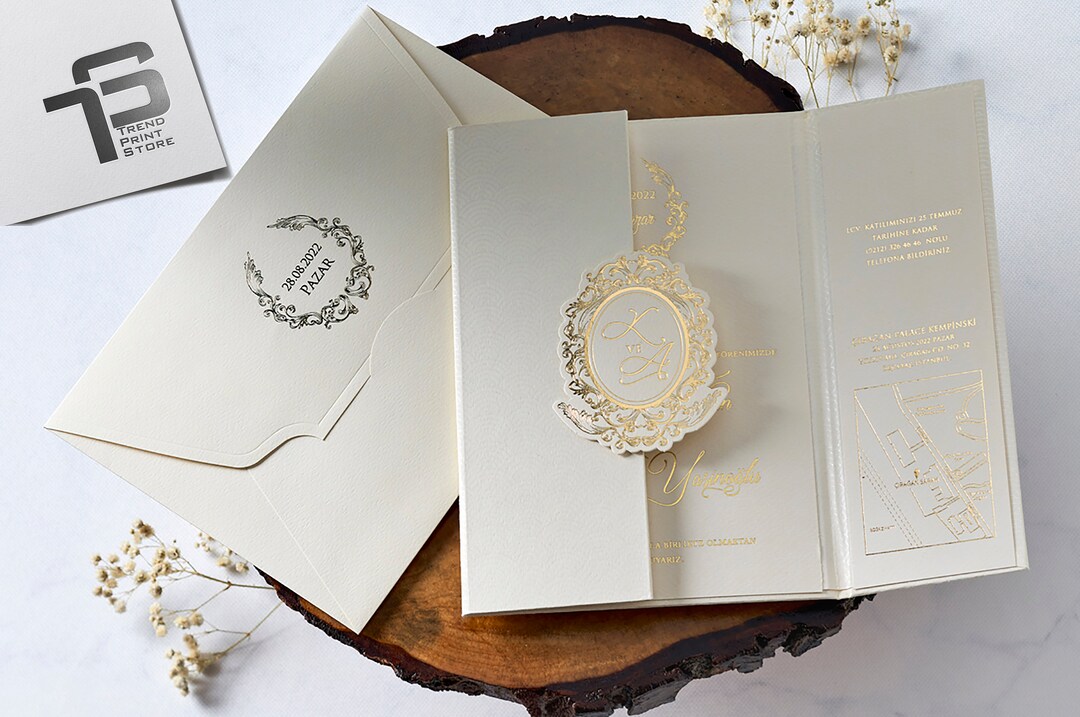 Gatefold Elegant Wedding Invitation Set Gold Foil Printed Hard Cover Ivory Wedding Card, Special ...