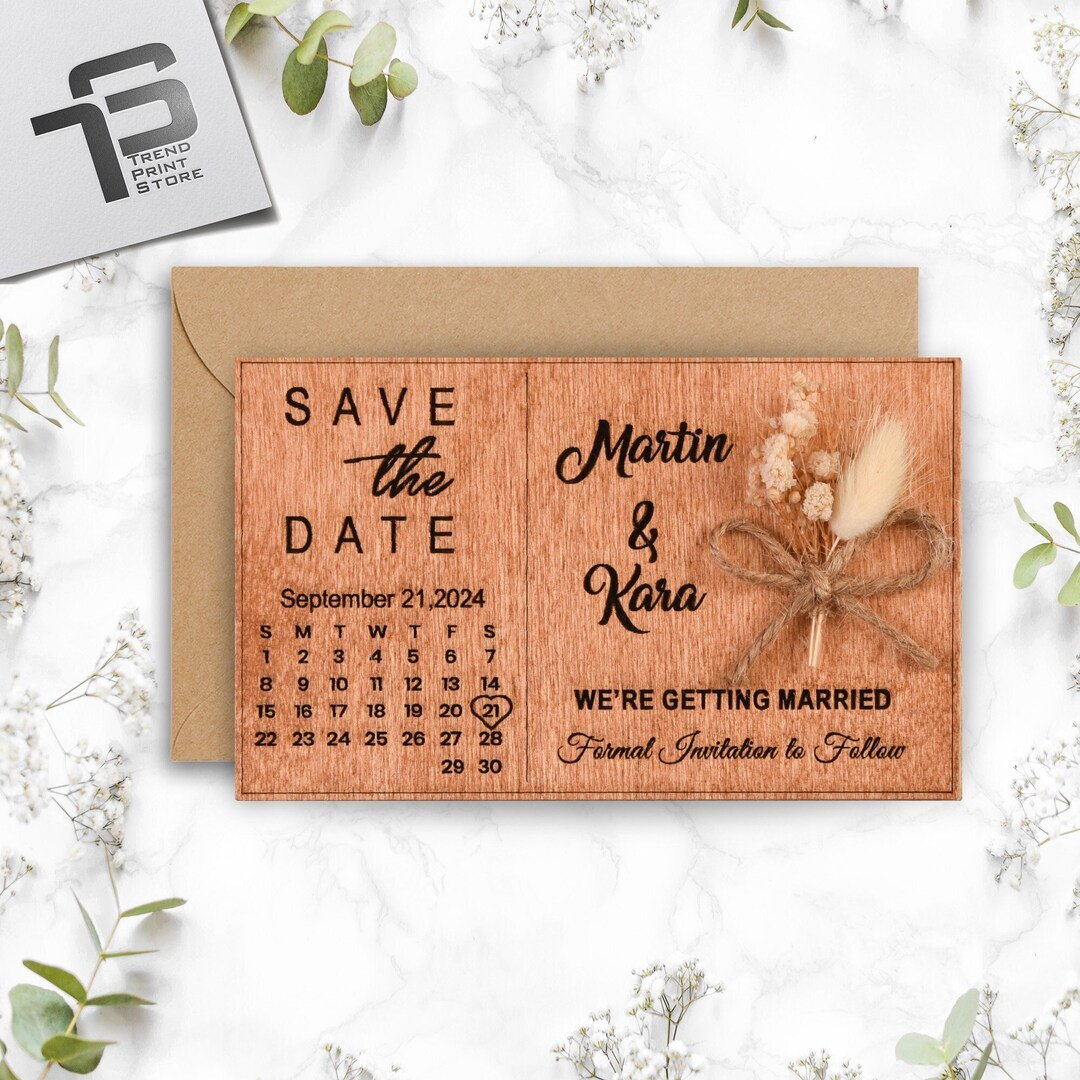 Floral Rustic Wooden Save the Date Magnet – Engraved Calendar Design ...
