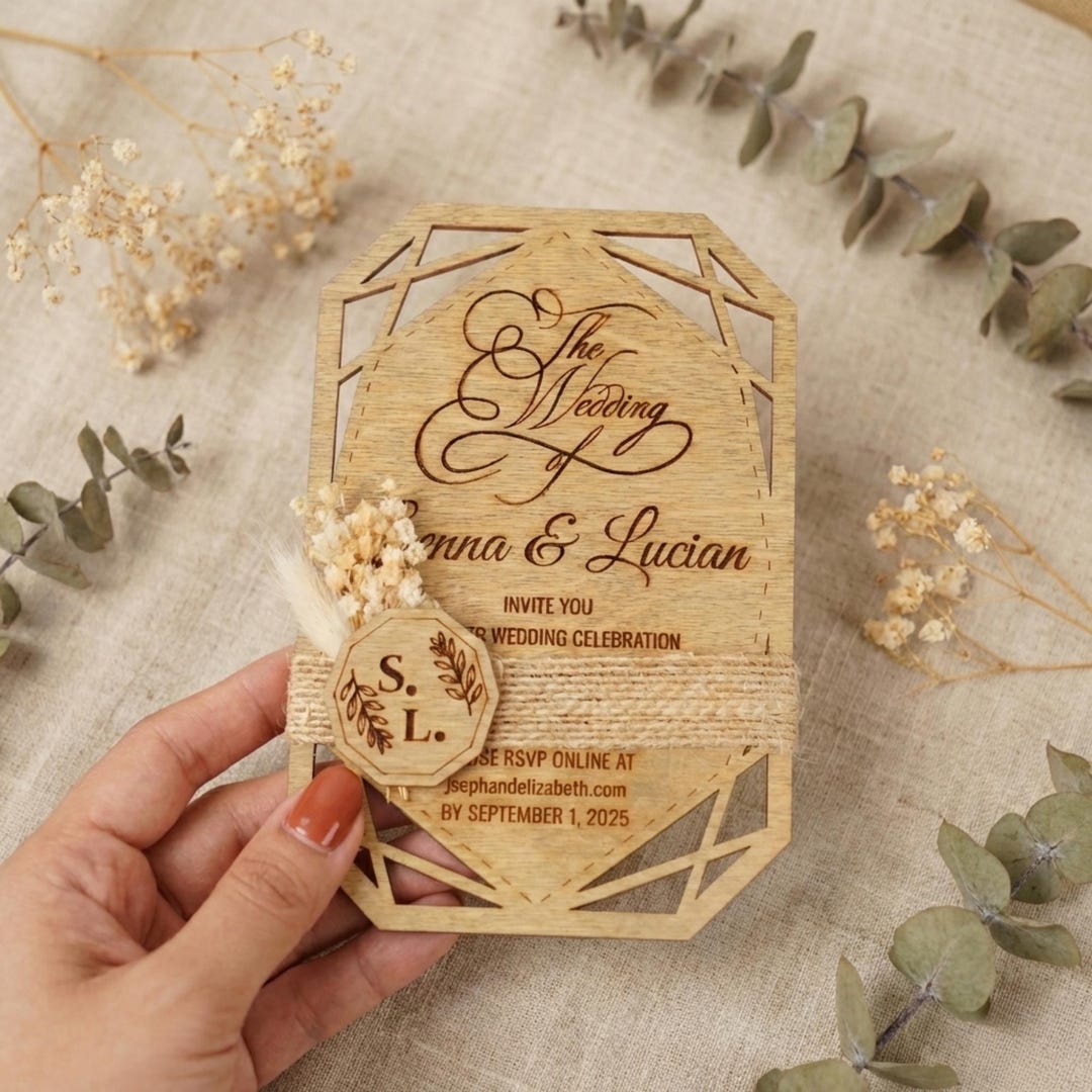 Personalized Wooden Wedding Invitation: Rustic Floral Design - Etsy