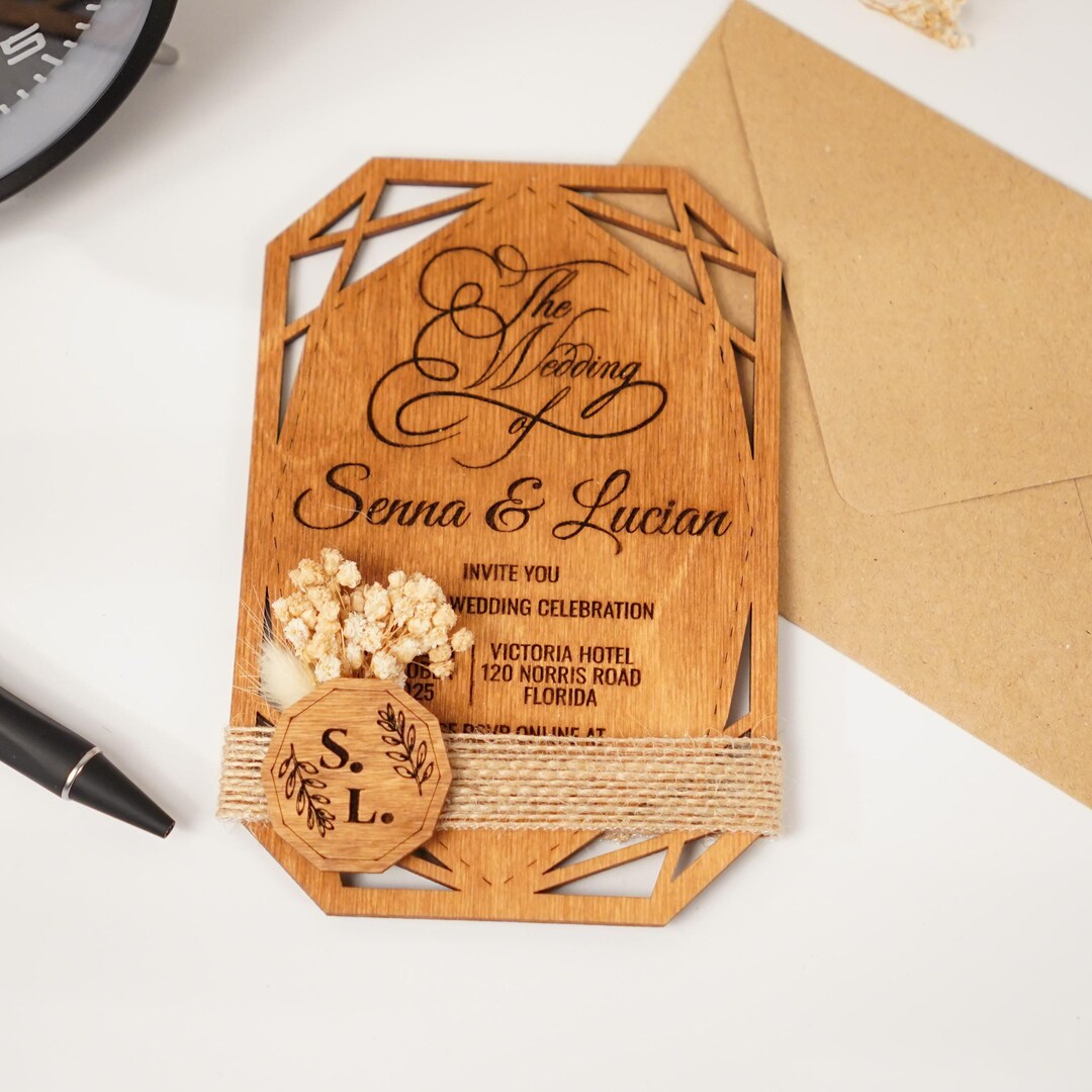 Personalized Wooden Wedding Invitation, Floral Rustic Wedding ...