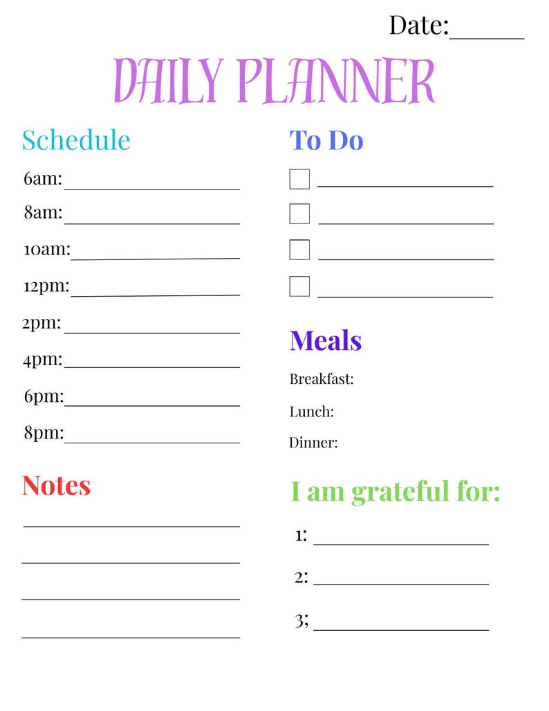 Printable Daily Planner - One Page PDF, Instant Download, Productivity ...
