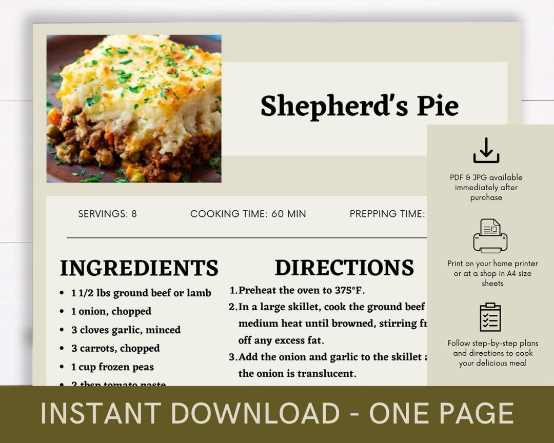 Shepherd's Pie Recipe Cookbook, Digital Recipe, Recipe Template ...