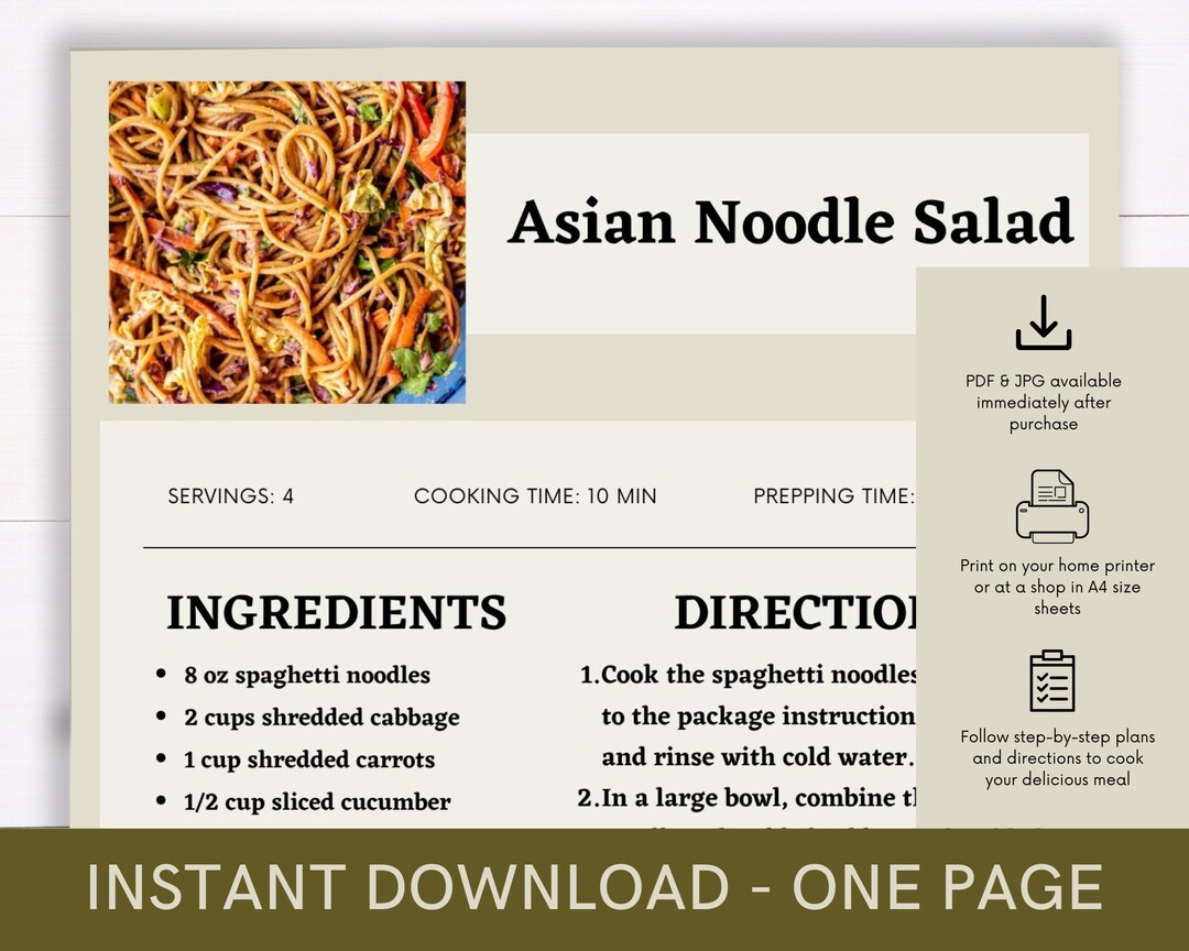 Asian Noodle Salad Cookbook Recipe, Digital Recipe, Recipe Template ...