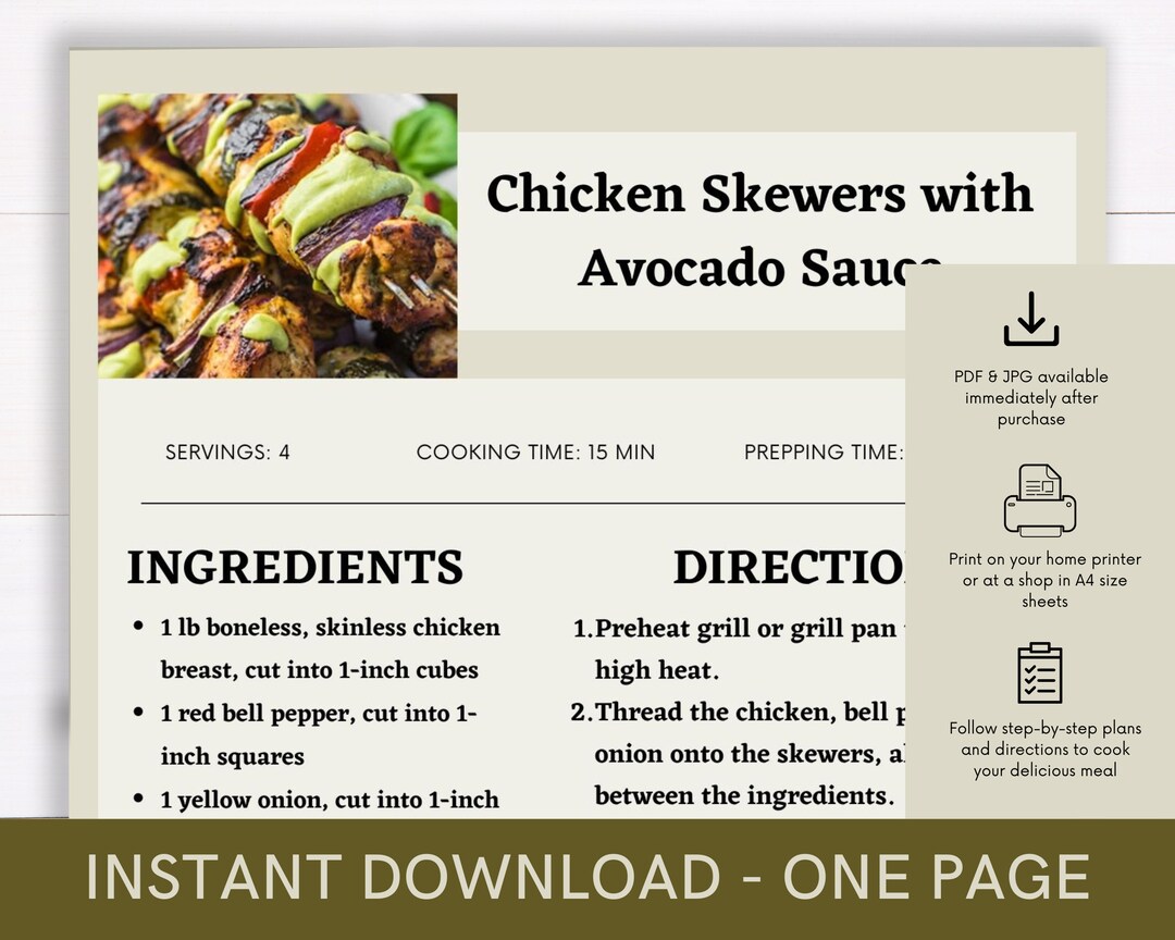 Printable Recipe for Chicken Skewer With Avocado Sauce, Delicious Food ...