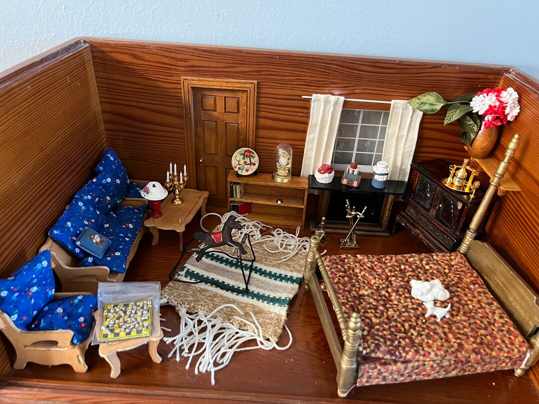 Vtg Artisan Miniature Dollhouse Diorama Box 1:12 Antique Bedroom Room ...