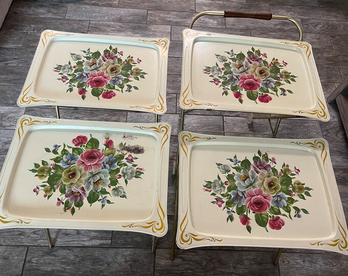 Vtg MCM TV Metal Trays With Stands Colourful Floral 22 X 16” Set of 4 W ...