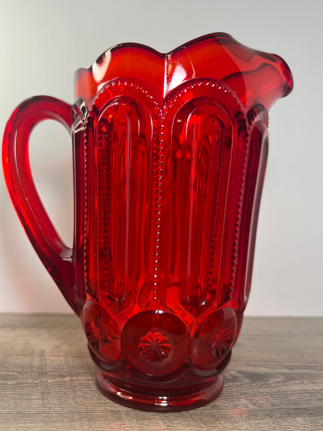 Rare Moon & Stars Pattern Glass RUBY RED Water Pitcher LG Wright Fenton ...