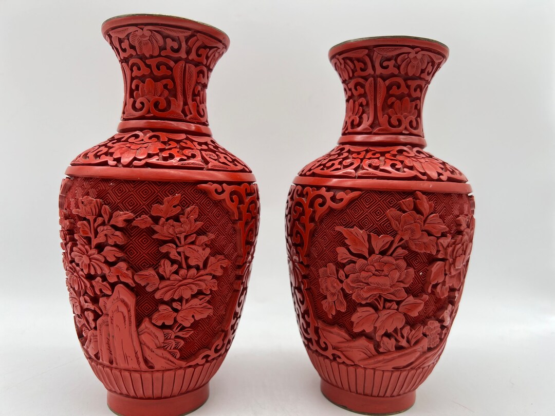 RARE Antique Chinese Lacquer Vase Varnish Carving 1900 Set of 2 Red ...
