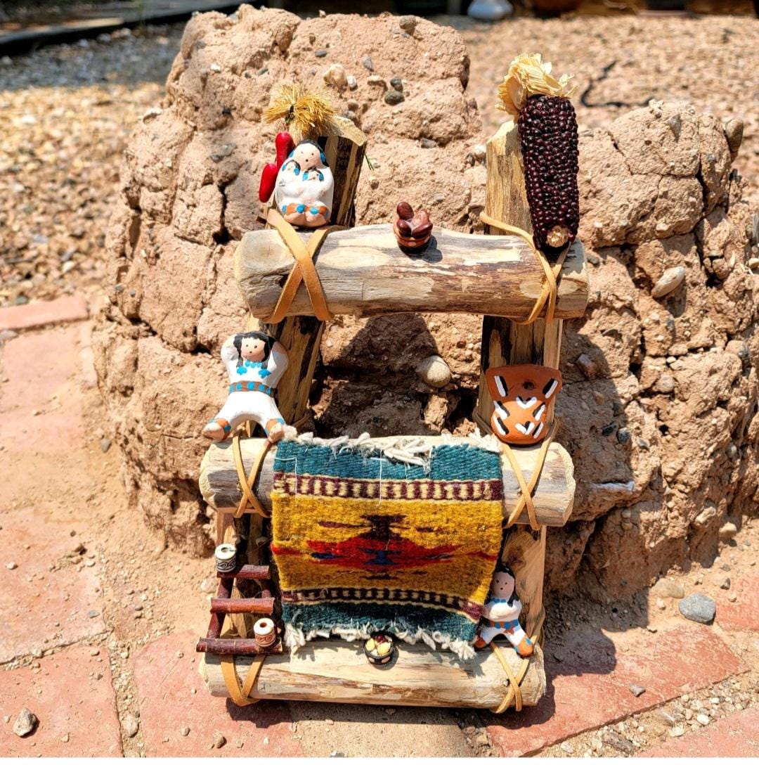 Vtg Native American Folk Art Wood Ladder Mini Wool Rug Pottery Artist ...