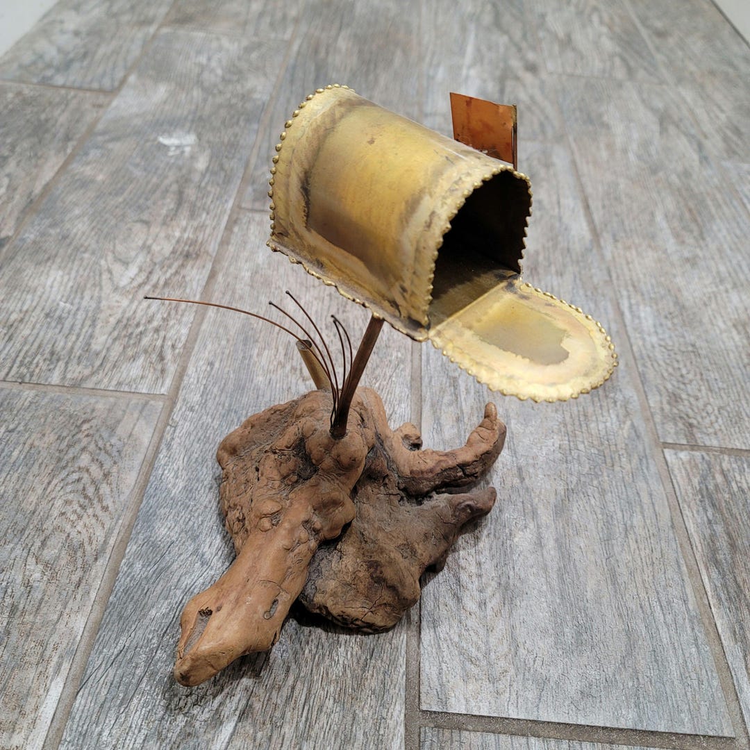 MCM Metal Mailbox on Driftwood Stand Folk Art Artist Signed Vtg - Etsy