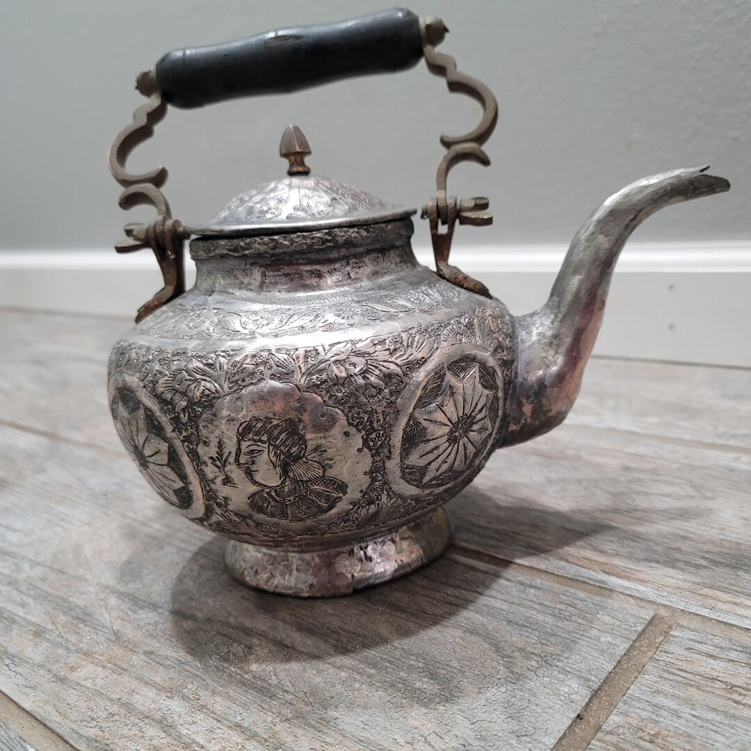 Antique Persian Teapot: Hammered Metal, Intricate Design, Middle ...
