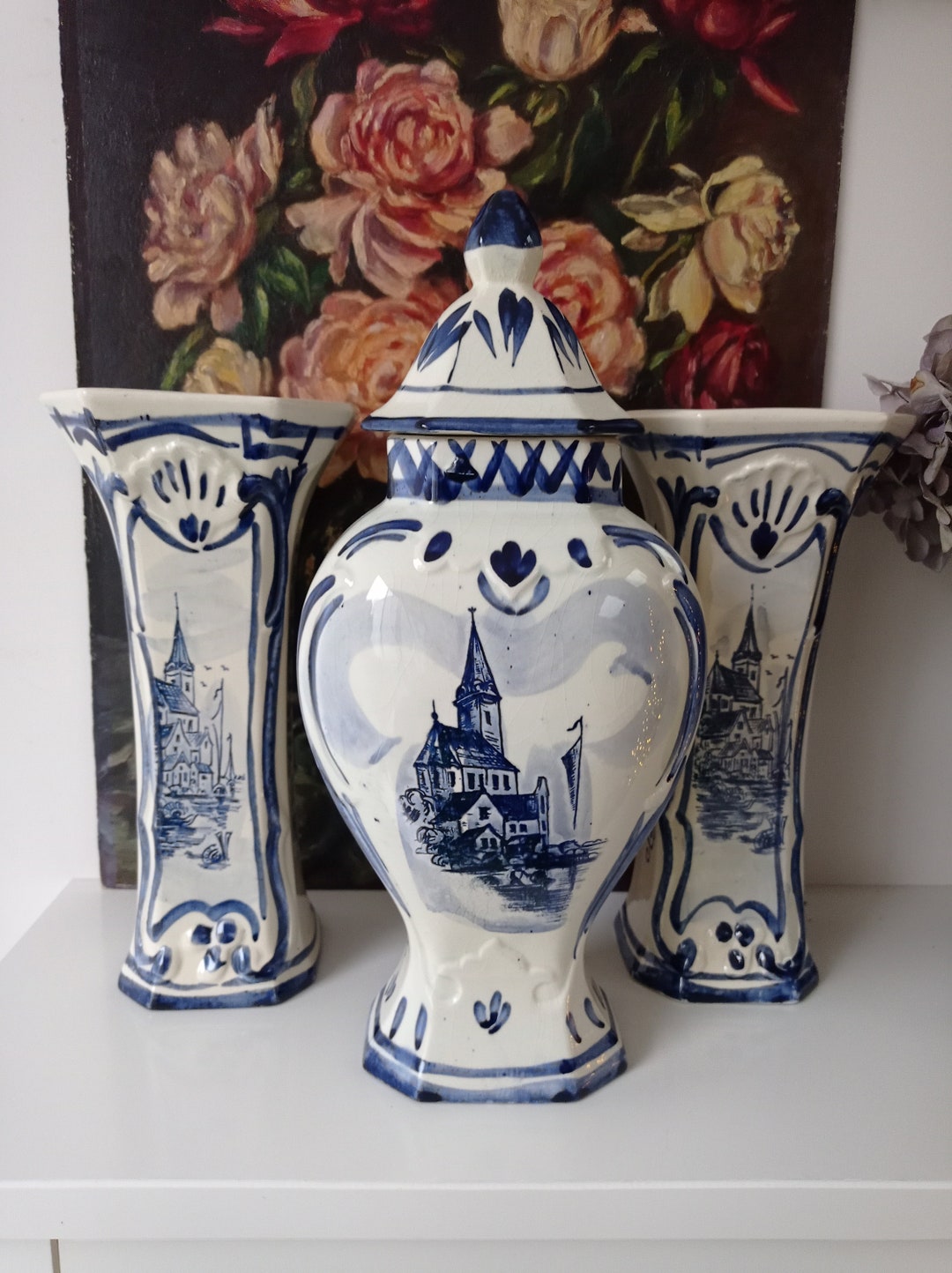 Vintage Dutch Set of Delft Blue, Lidded Vase and Two Trumpet Vases - Etsy