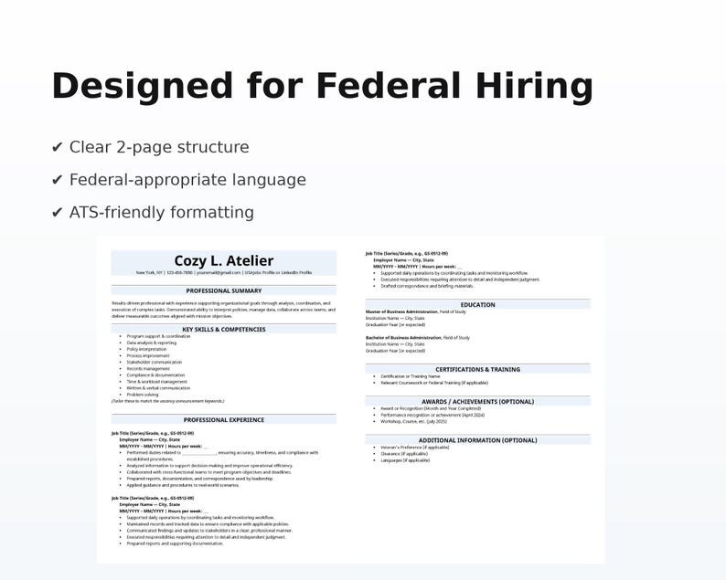 2 Page Federal Resume Template | USAJOBS Style Resume, Editable Word ...