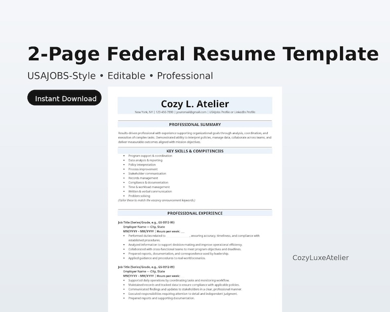 2 Page Federal Resume Template | USAJOBS Style Resume, Editable Word ...
