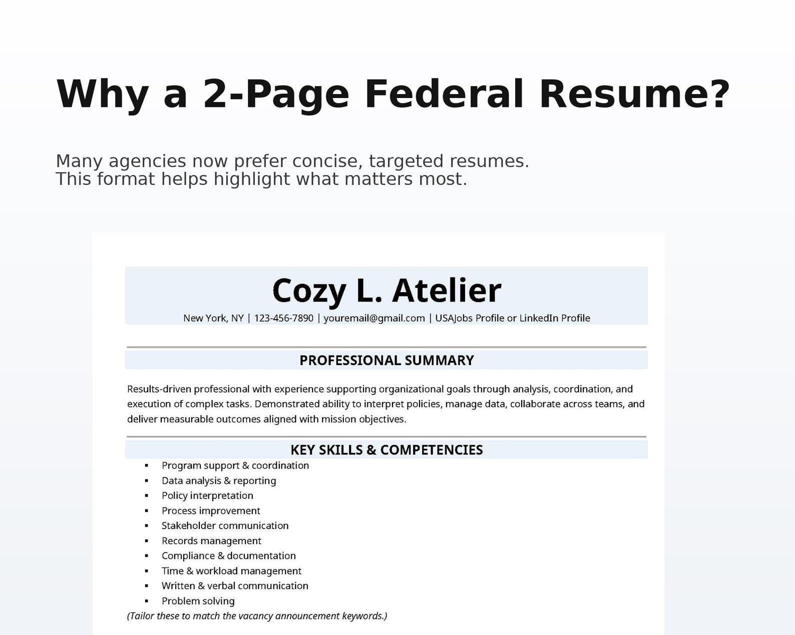 2 Page Federal Resume Template | USAJOBS Style Resume, Editable Word ...