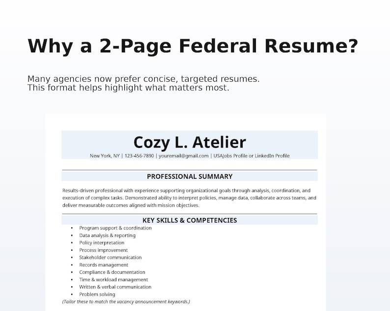 2 Page Federal Resume Template | USAJOBS Style Resume, Editable Word ...
