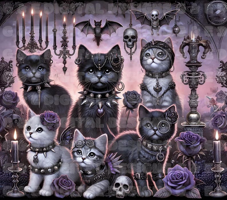 Goth Kitten Tumbler Wrap PNG – Seamless Sublimation Design (20 Oz ...