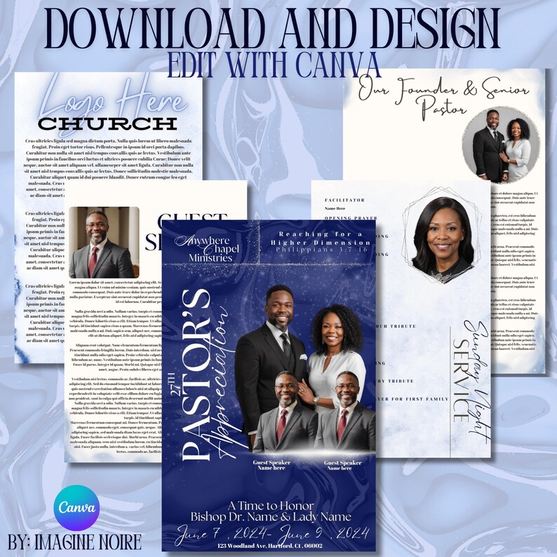 Pastor Appreciation Program Template Set for Canva, Blue and Silver ...