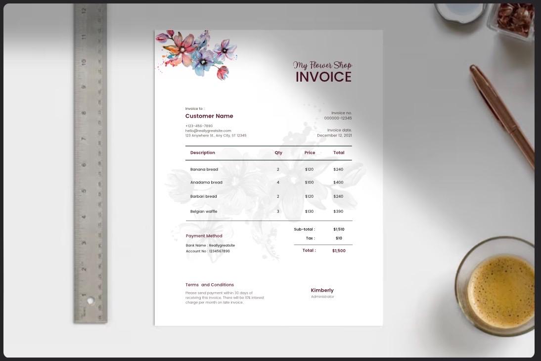 Sales Invoice Template, DIY Invoice Template Design, Flower Shop ...