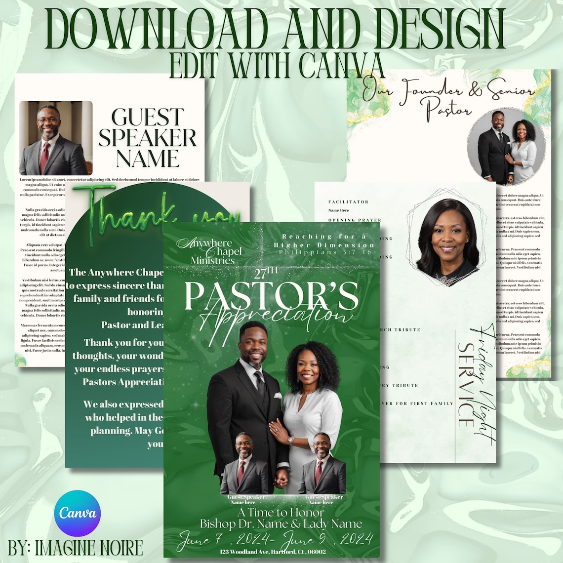 Pastor Appreciation Program Template Set for Canva, Green Church ...