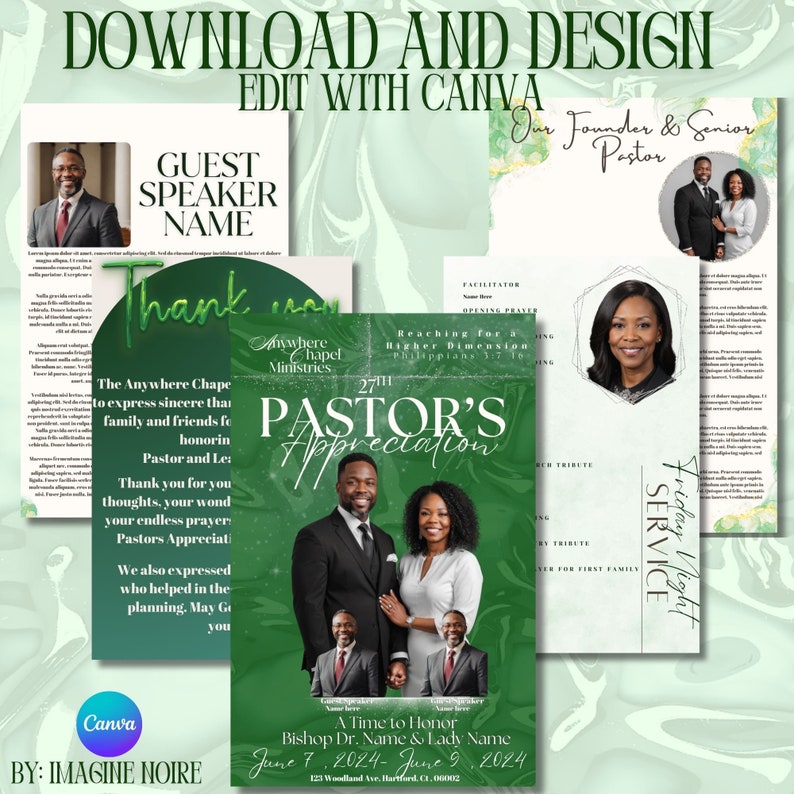 Pastor Appreciation Program Template Set for Canva, Green Church ...