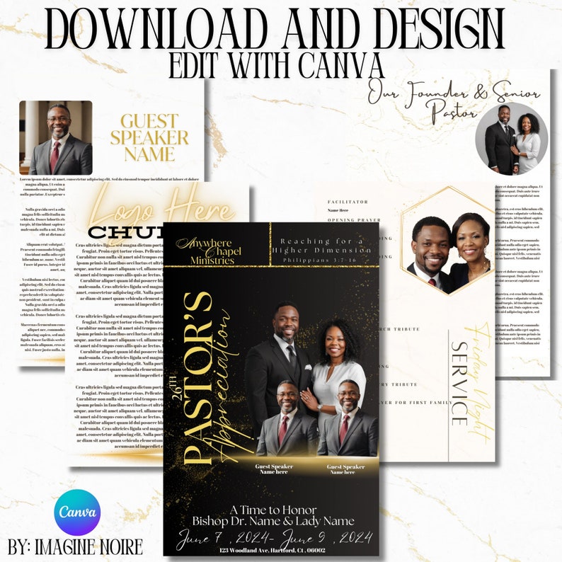 Pastor Appreciation Program Template Set for Canva, Black & Gold ...