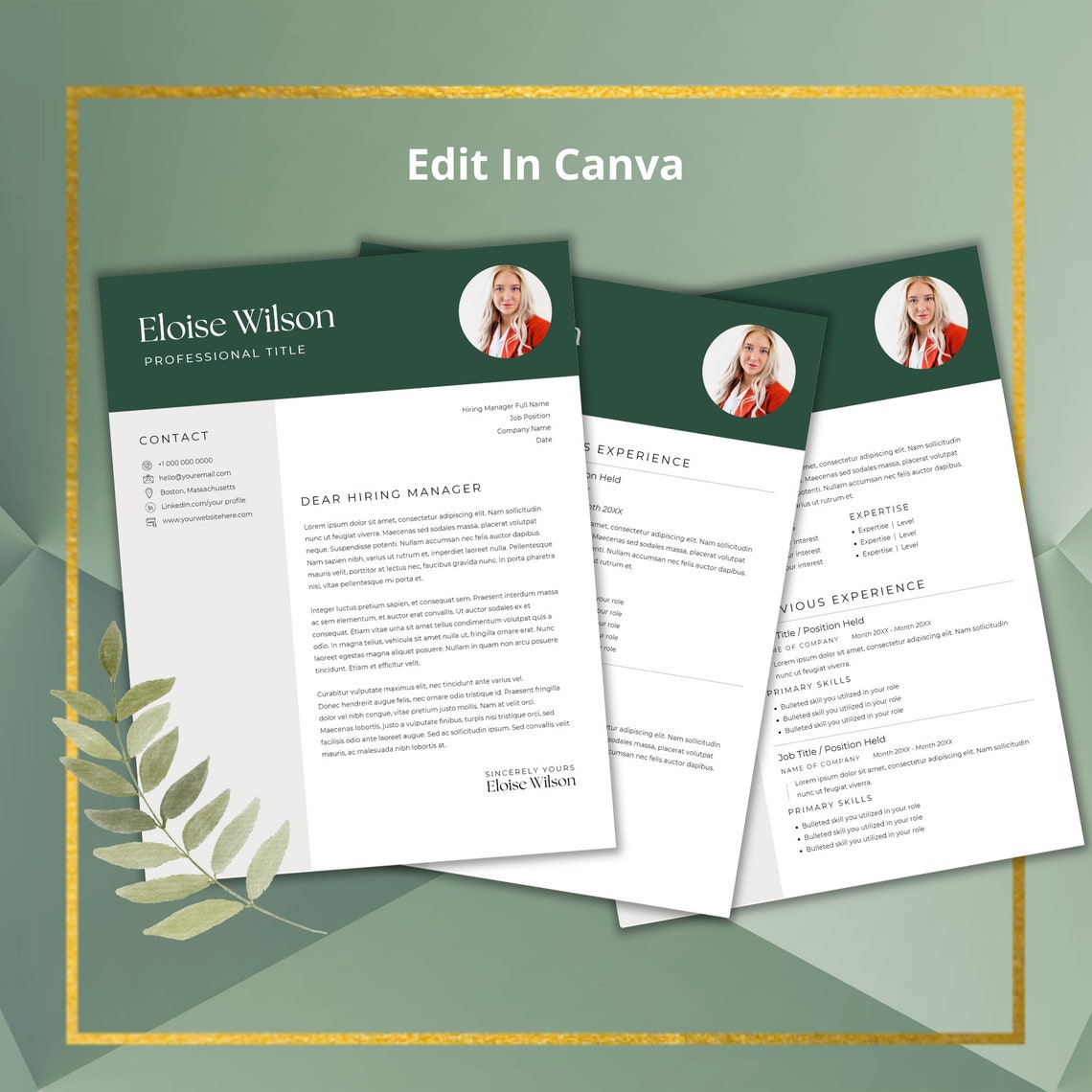 Canva Resume Template Cover Letter Template Reference Page - Etsy