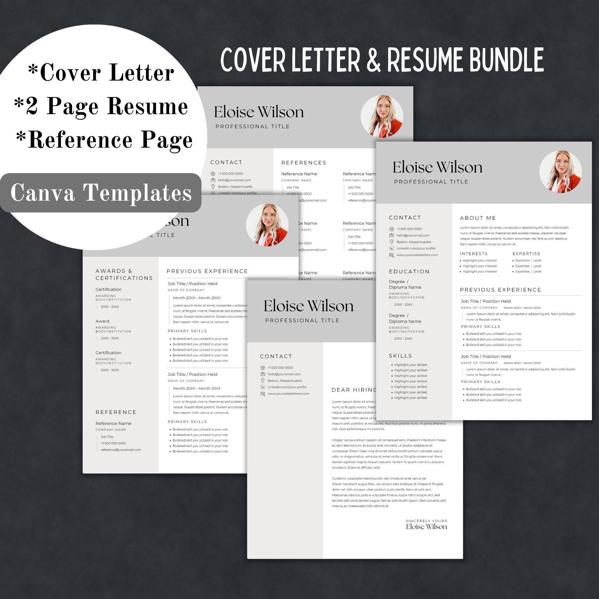 Editable Cover Letter, Resume, Reference Page Canva Template Bundle ...