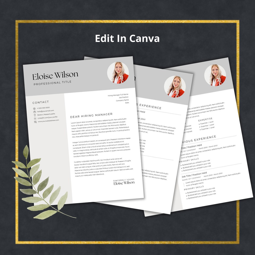 Editable Cover Letter, Resume, Reference Page Canva Template Bundle ...