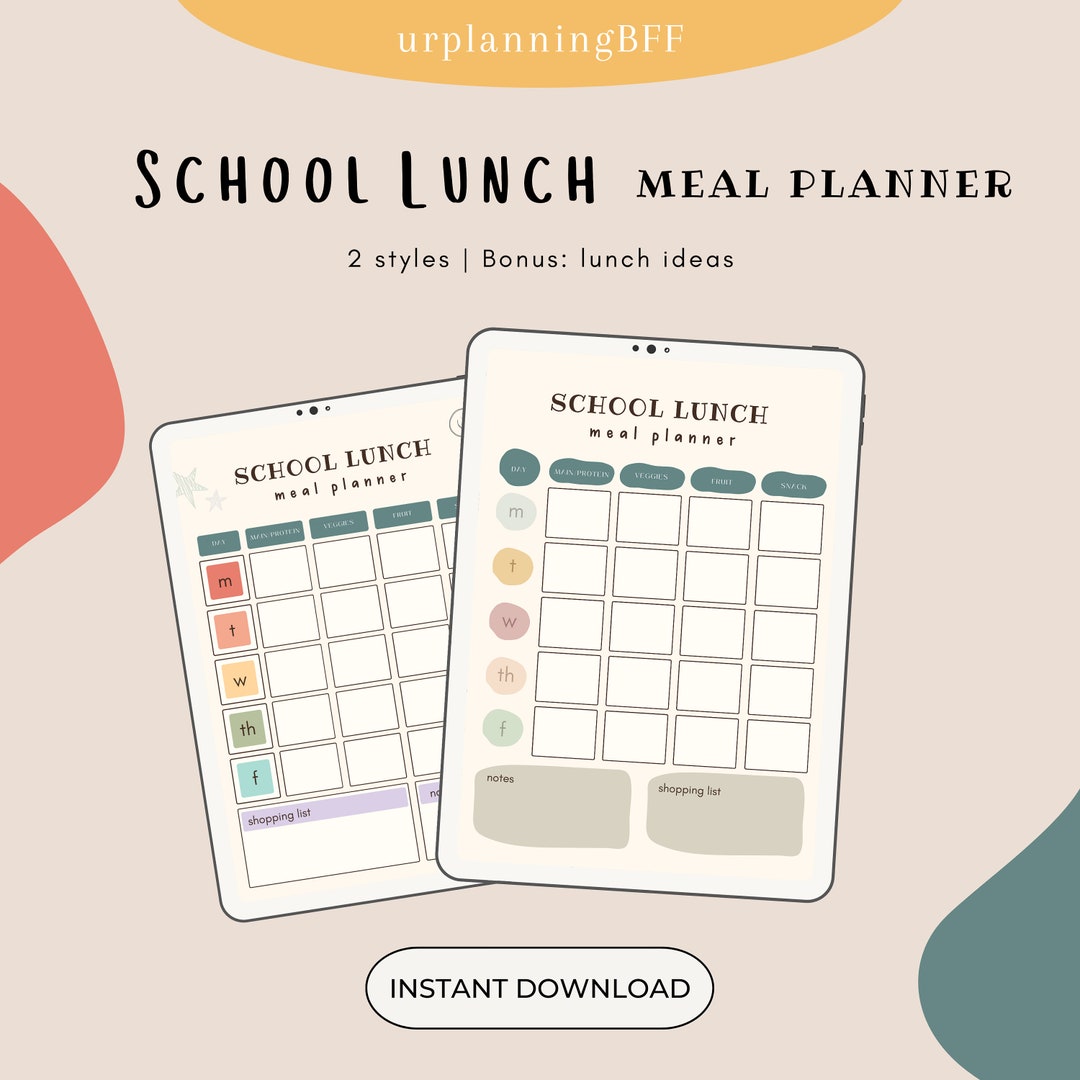 School Lunch Meal Planner Printable Kids Lunchbox lunch Menu - Etsy