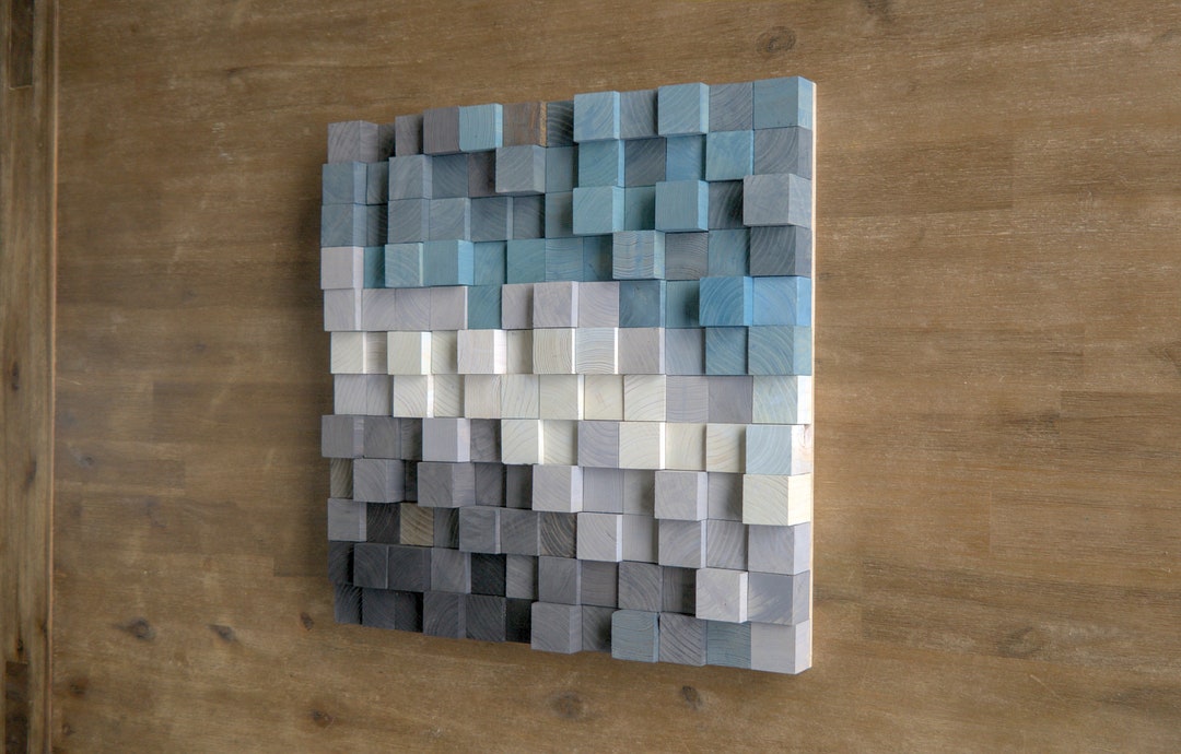 Modern Wood Pixelart Mosaic, Wooden Wall Decor, Grey & Blue Squares ...