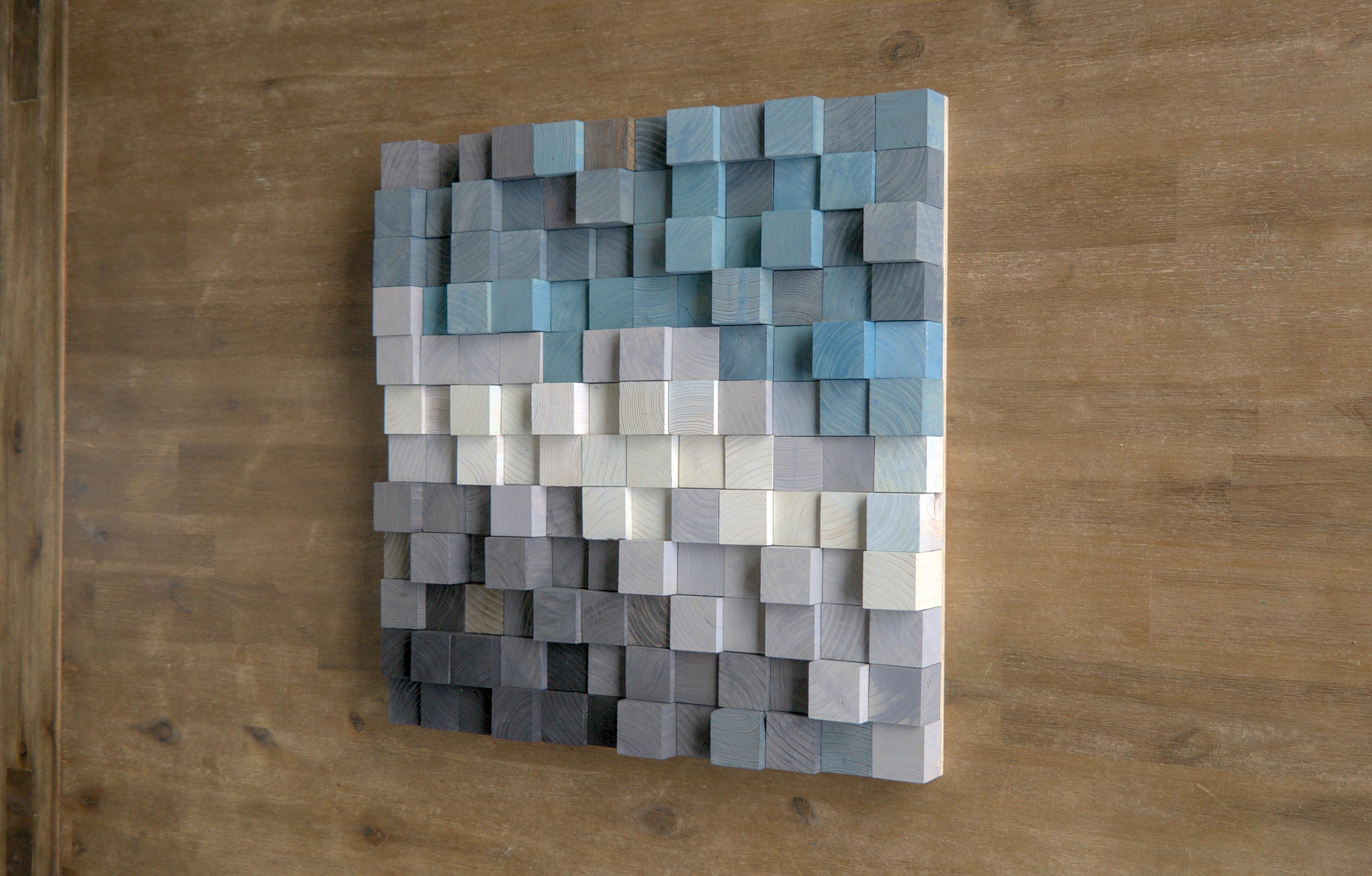 Modern Wood Pixelart Mosaic, Wooden Wall Decor, Grey & Blue Squares ...