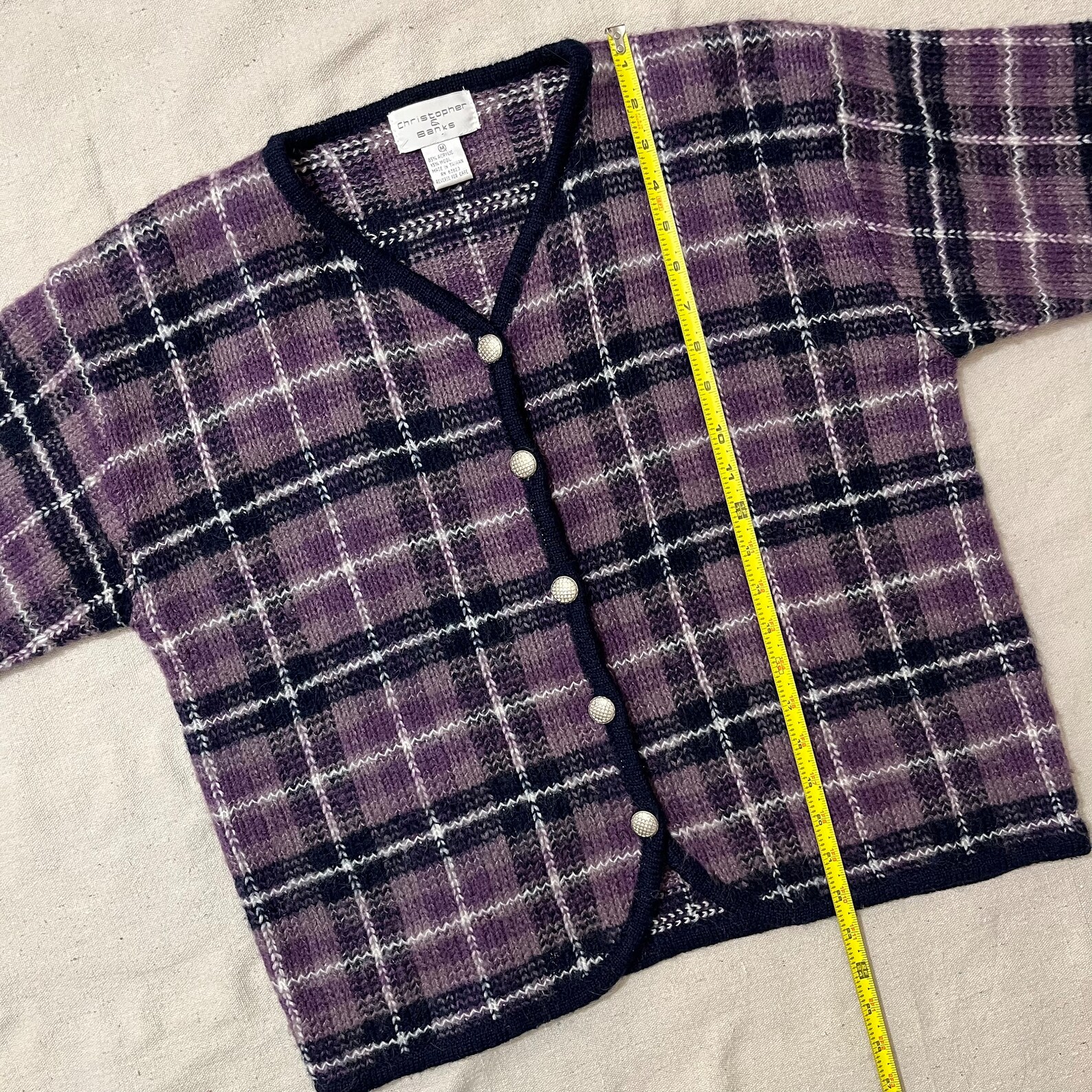 Vintage 90s Christopher Banks Plaid Wool Knit Cardigan Sweater Purple ...