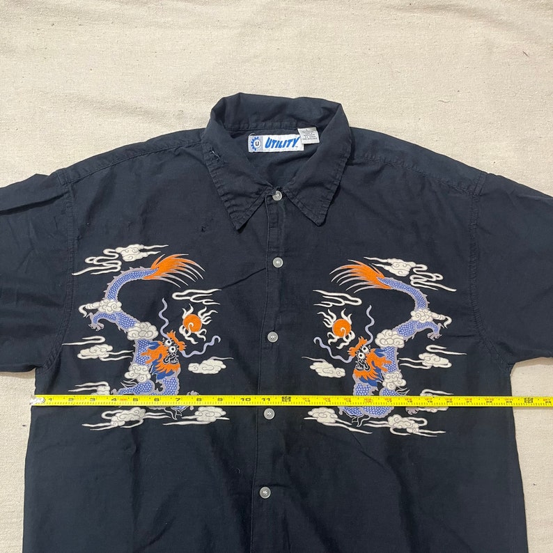 Vintage 00s Y2K Utility Chinese Dragon Cotton Rayon Button Down Shirt ...