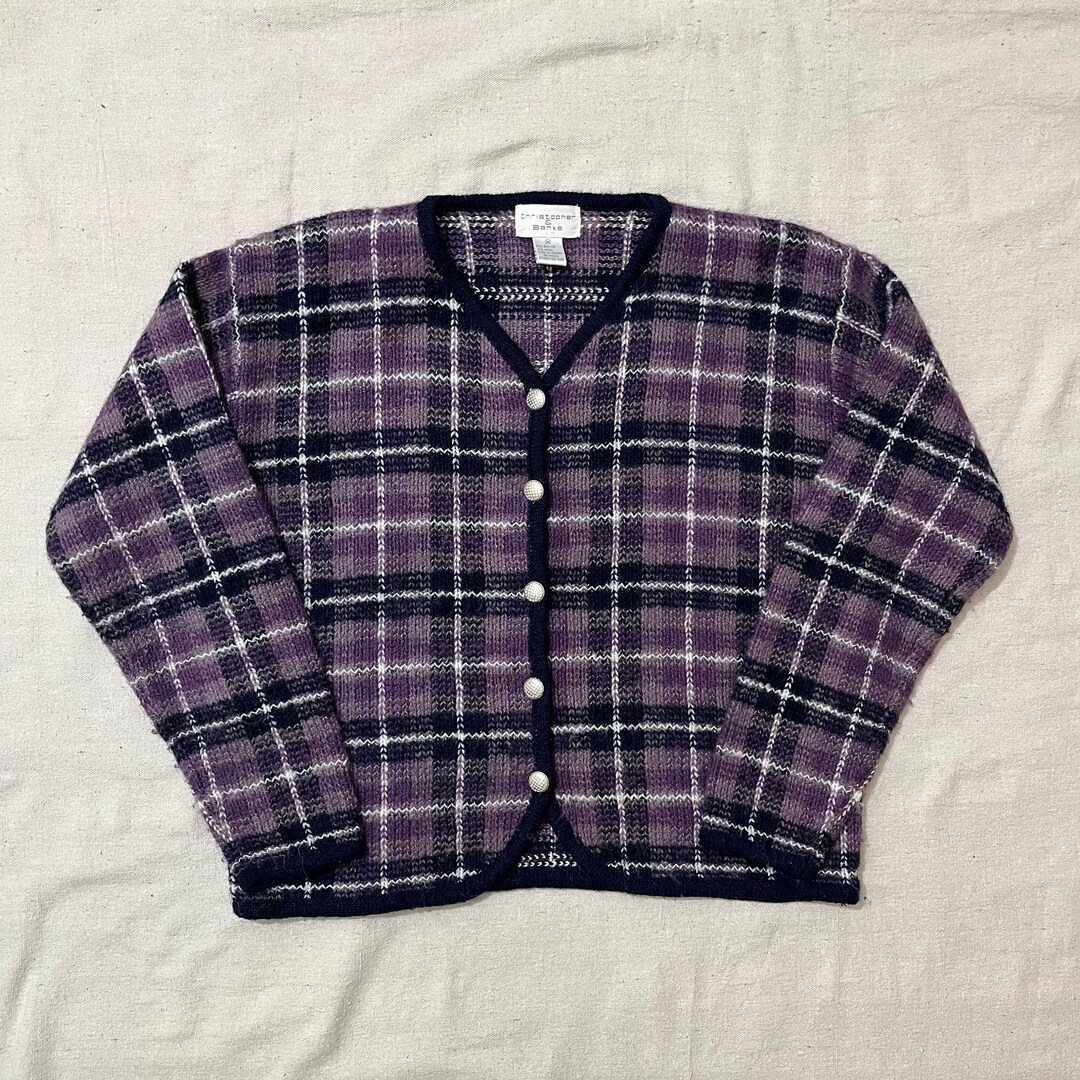 Vintage 90s Christopher Banks Plaid Wool Knit Cardigan Sweater Purple ...